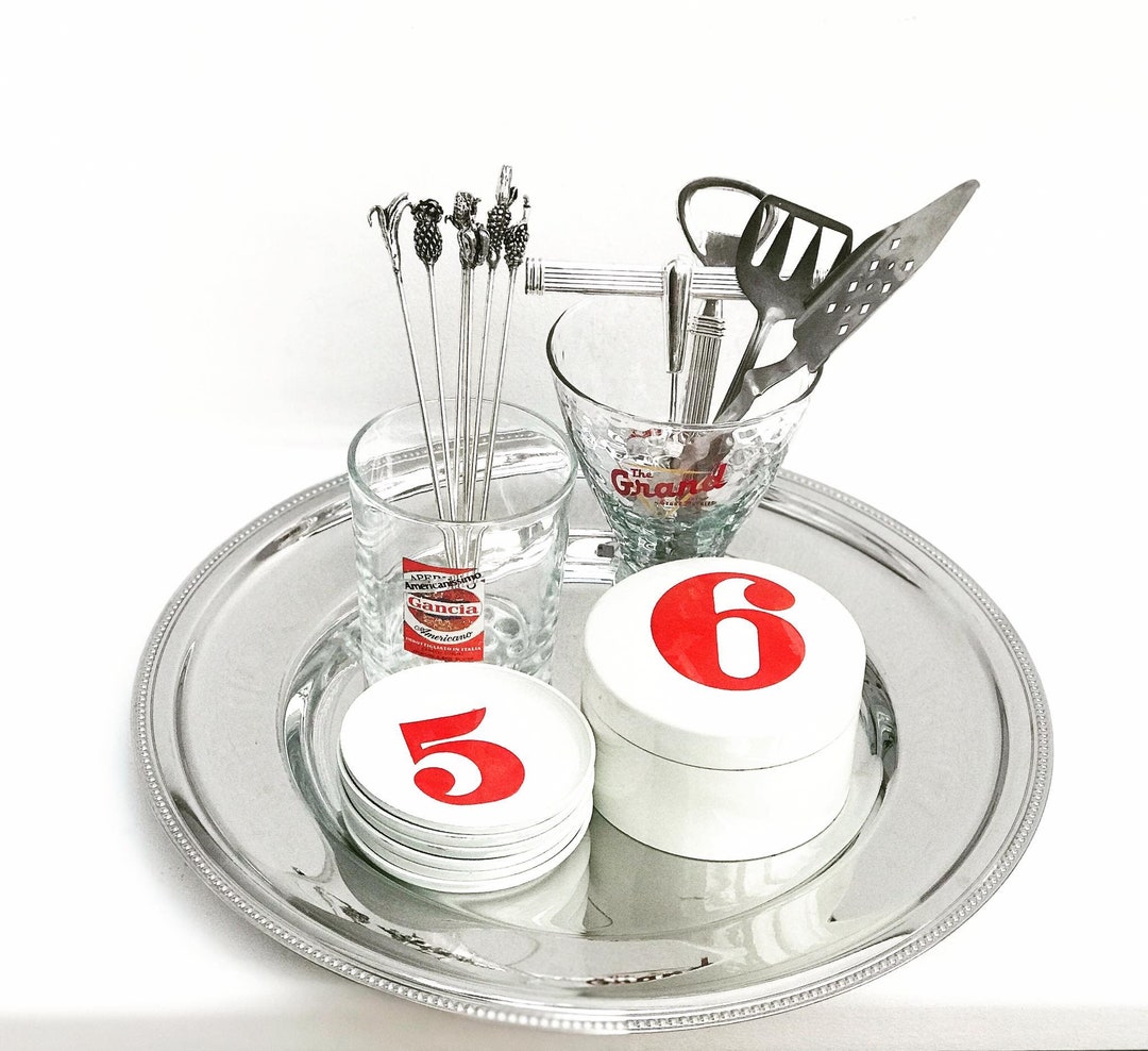 Vintage Bar Tool Set: Jean Couzon Tray, Cocktail Picks, Absinth Spoon ...