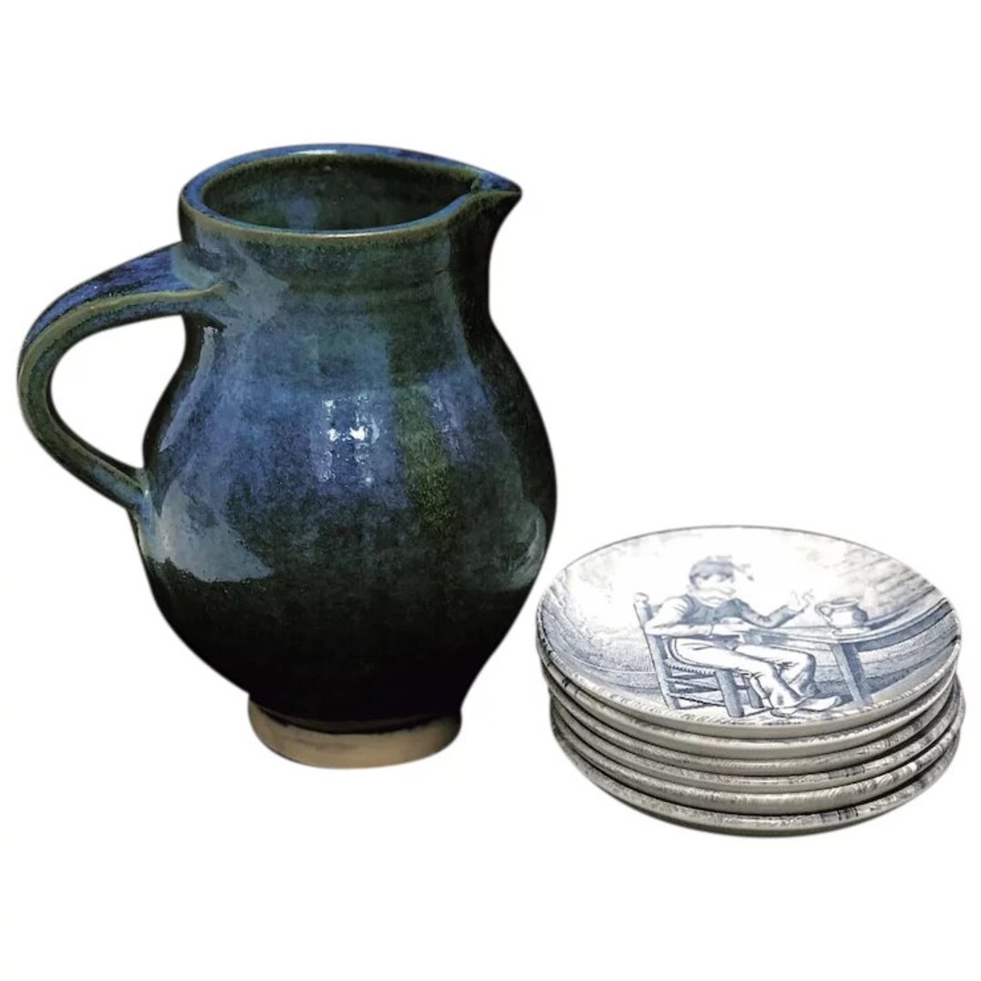 Vintage Boch Belgium Delft Blue Stoneware Pitcher & Coaster Set - Etsy