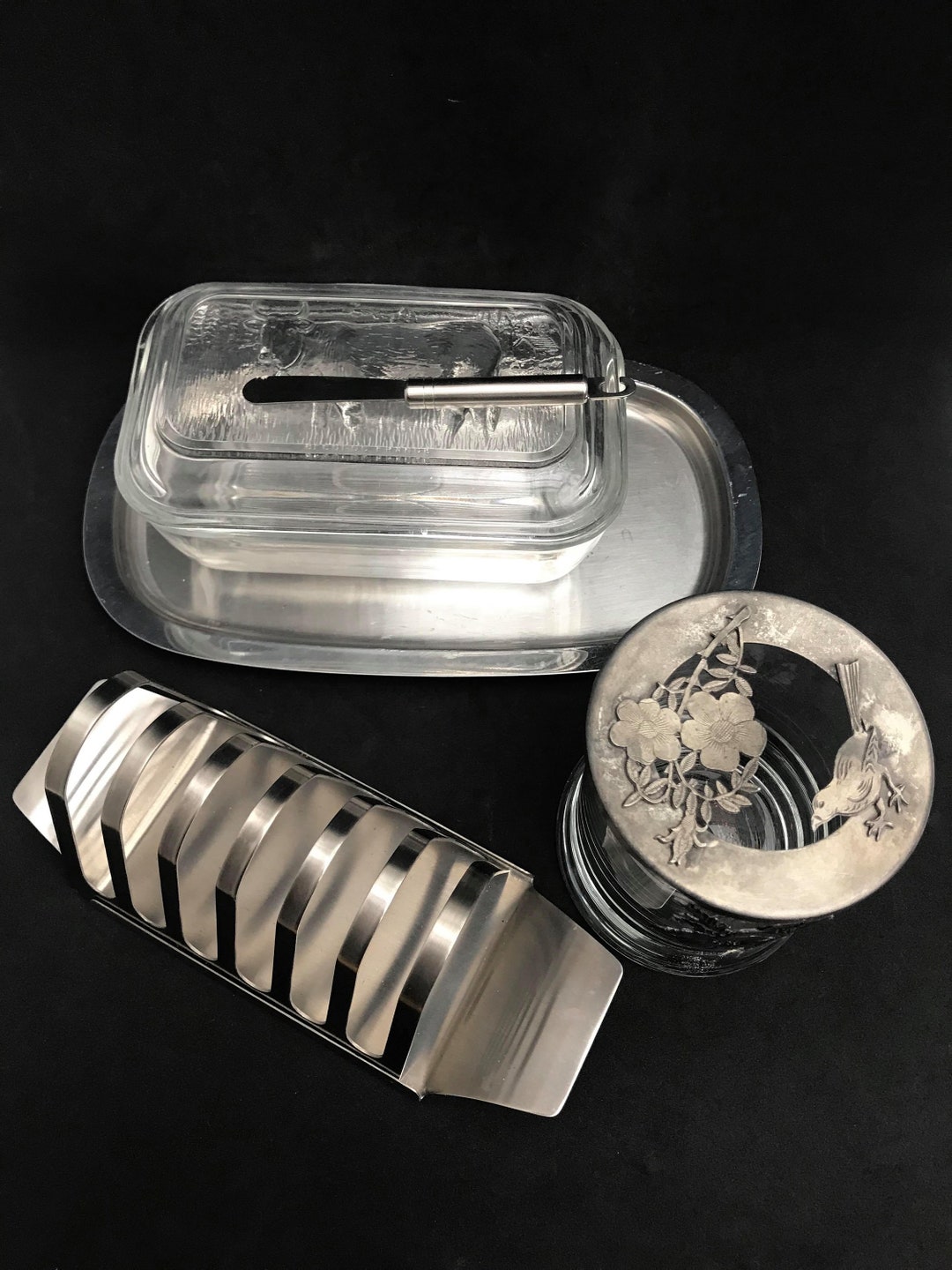 Vintage Breakfast Set: Glass Butter Dish, Toast Rack & Jam Pot - Etsy