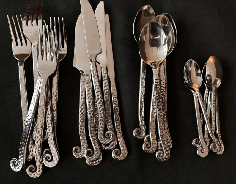 Vintage French Swirl Twist Flatware Set - 24 Piece Hammered Medieval ...