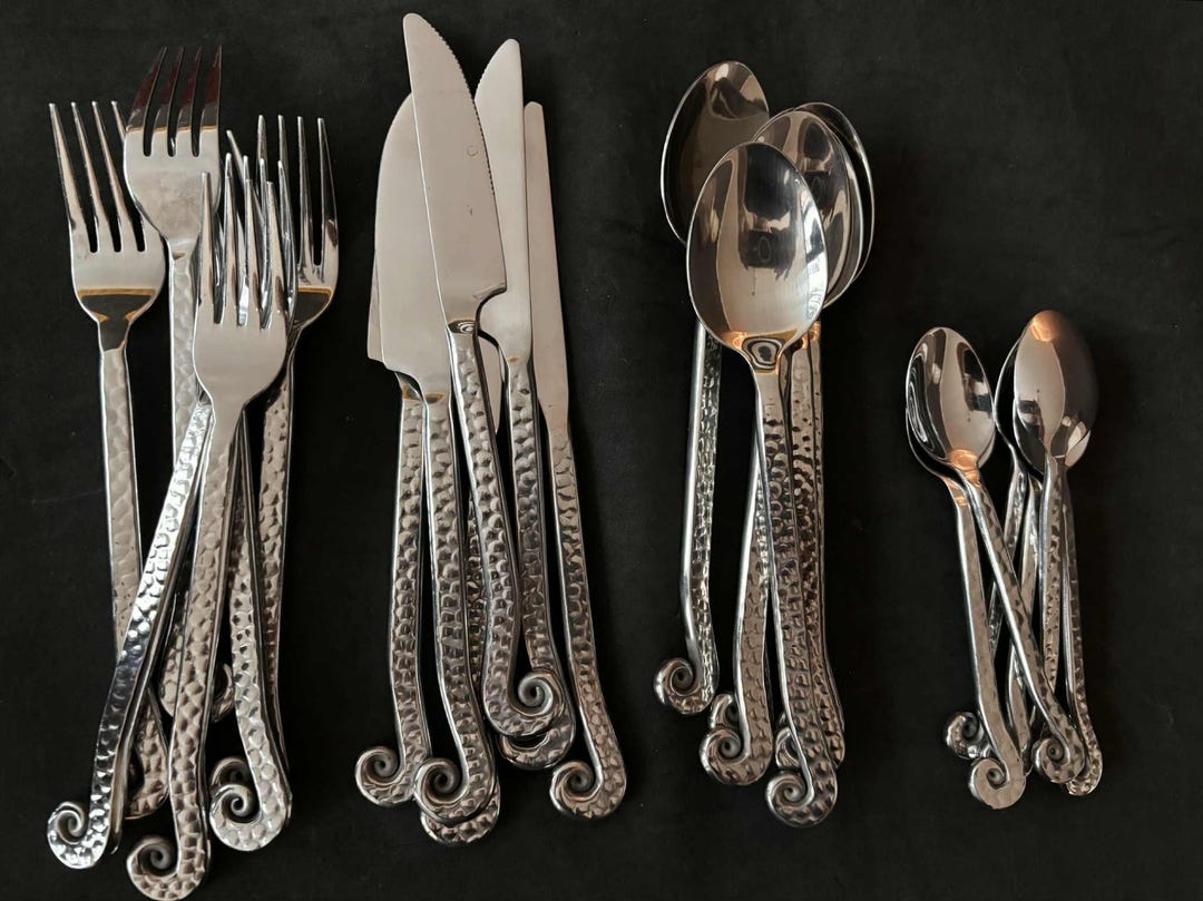 Vintage French Swirl Twist Flatware Set - 24 Piece Hammered Medieval ...