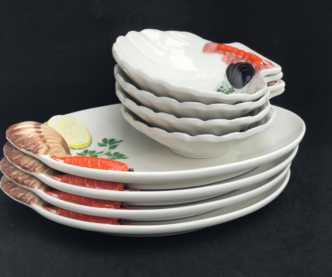 Seafood Plates Lobster Dinnerware 4 Dinner/ Lunch Plates and Bamboo ...