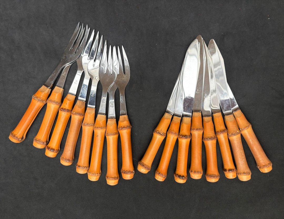 Bamboo Fish Flatware Set Vintage Forks Knives 1960s Bamboo Handle ...