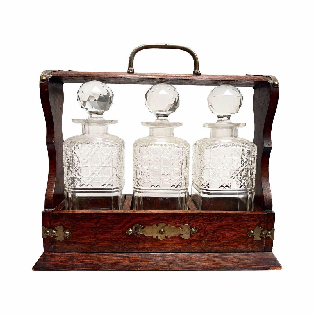 Antique Tantalus Cabinet Liquor Cellar Oak Wood 3 Bottles Crystal ...