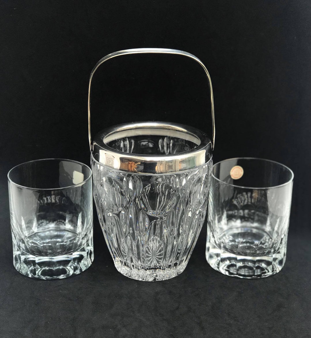 Vintage German Crystal Whisky Set: Cut Glasses & Silver Rim Ice Bucket ...