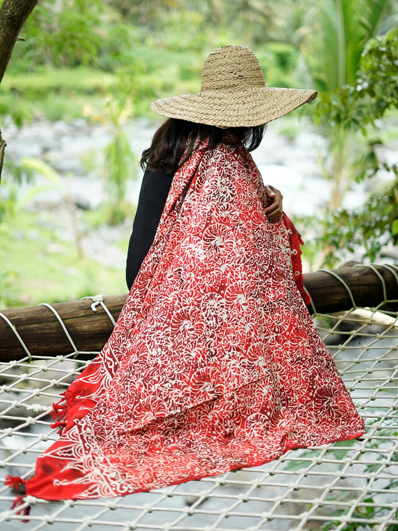 Red Floral Sarong: Handmade Batik Rayon Beach Cover-up - Etsy
