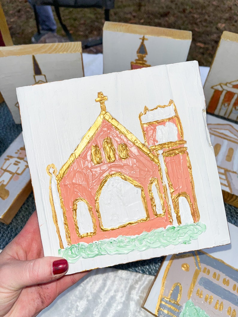 Church Painting on Wood Block With Gold and Texture | Church Art | Wood ...