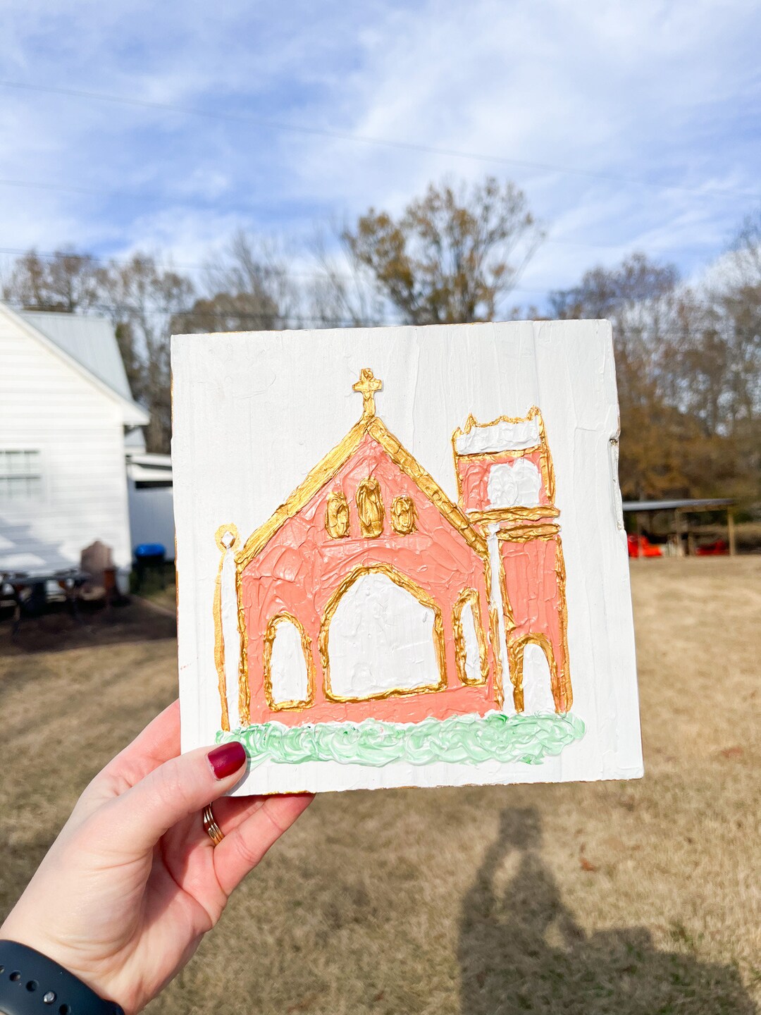 Church Painting on Wood Block With Gold and Texture | Church Art | Wood ...
