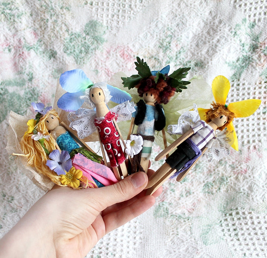 Handmade Flower Fairy Peg Dolls, Whimsical Clothespin Miniatures - Etsy