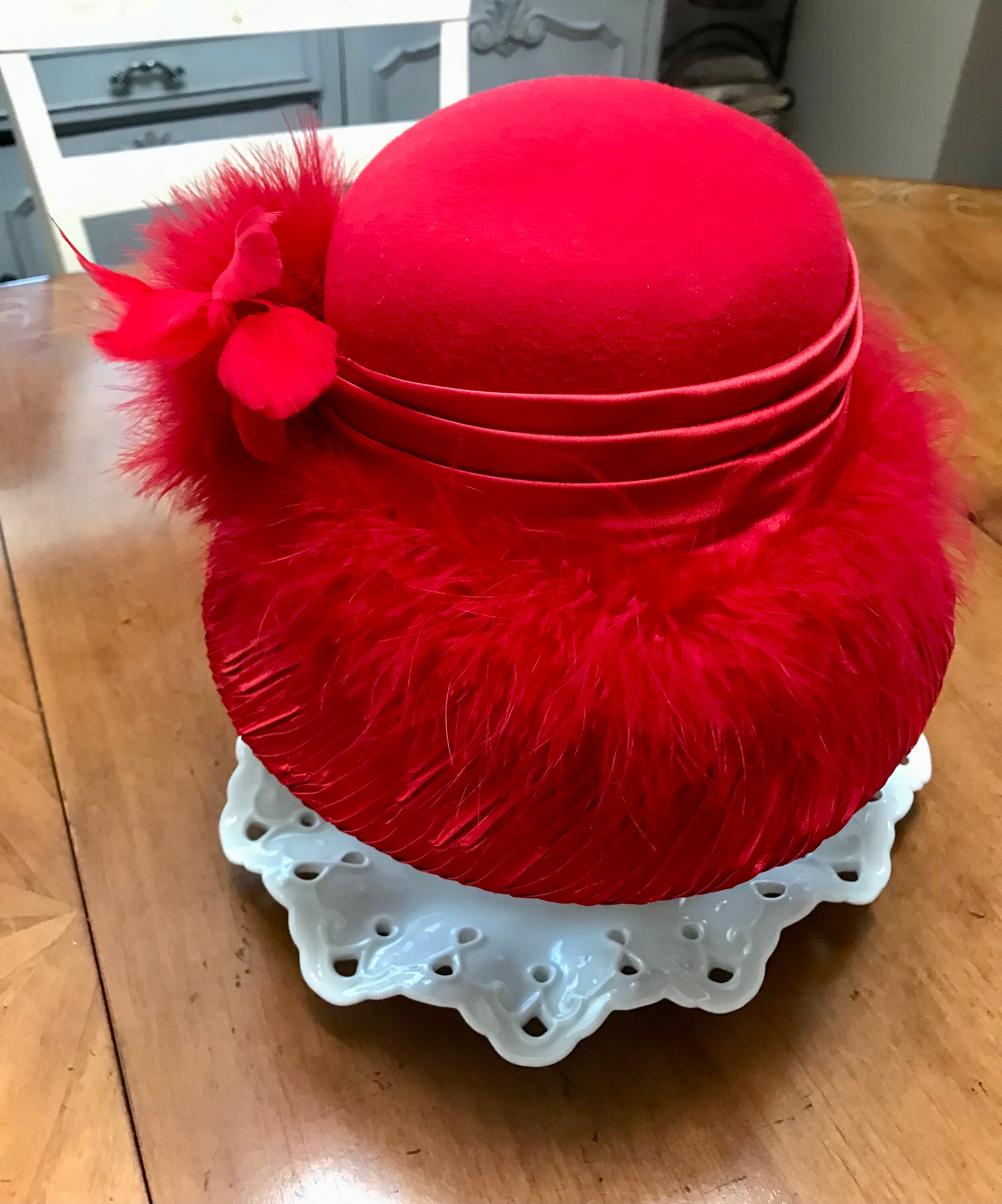 Vintage Red Wool Hat With Feathers Retro Style - Etsy