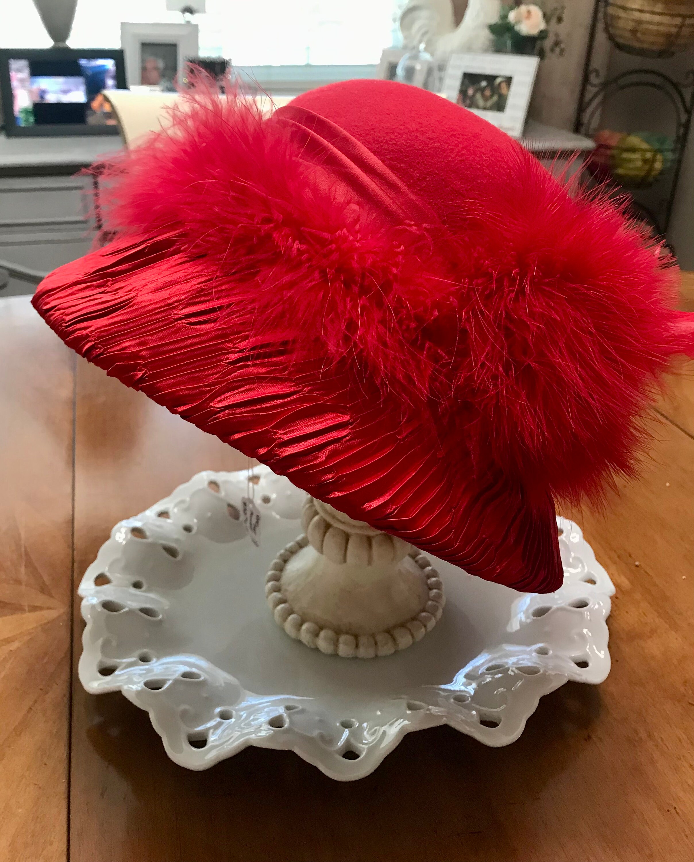 Vintage Red Wool Hat With Feathers Retro Style - Etsy