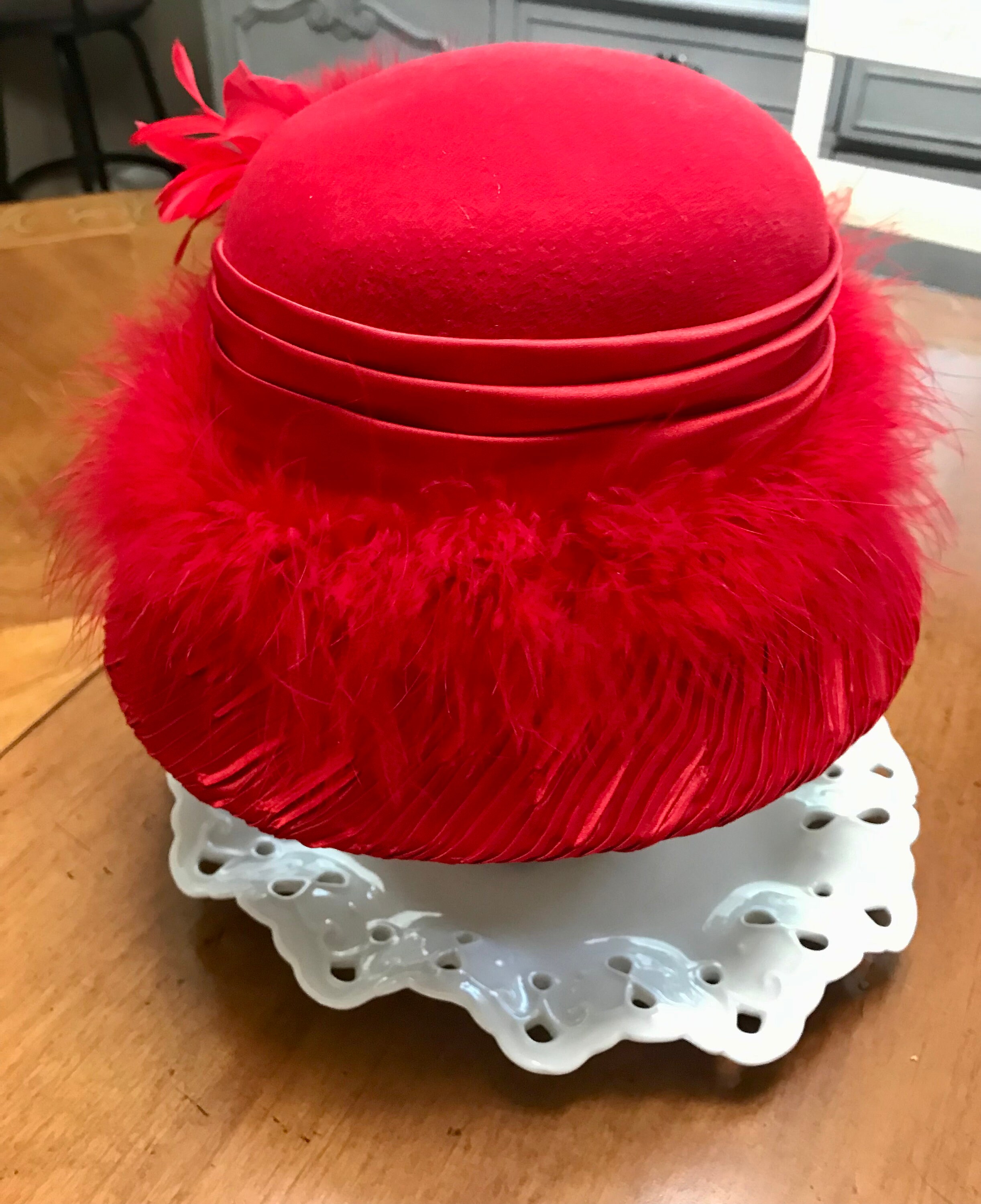 Vintage Red Wool Hat With Feathers Retro Style - Etsy