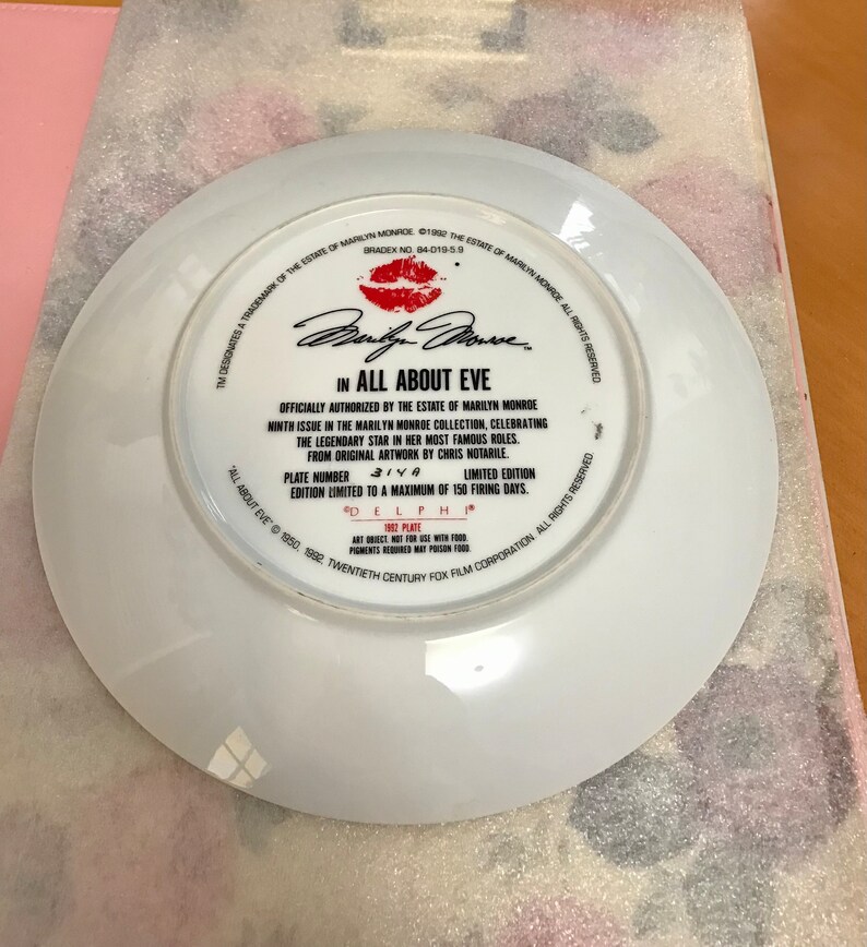 Marilyn Monroe 1992, 20 Century Fox Commemorative Plate 'all About Eve ...