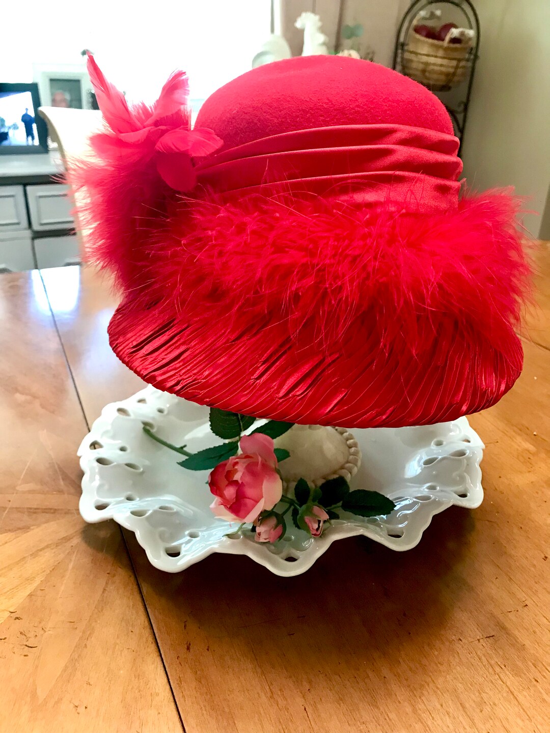 Vintage Red Wool Hat With Feathers Retro Style - Etsy