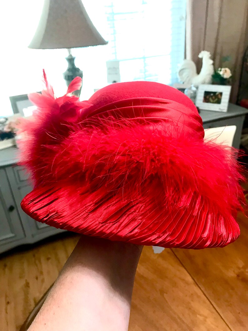 Vintage Red Wool Hat With Feathers Retro Style - Etsy