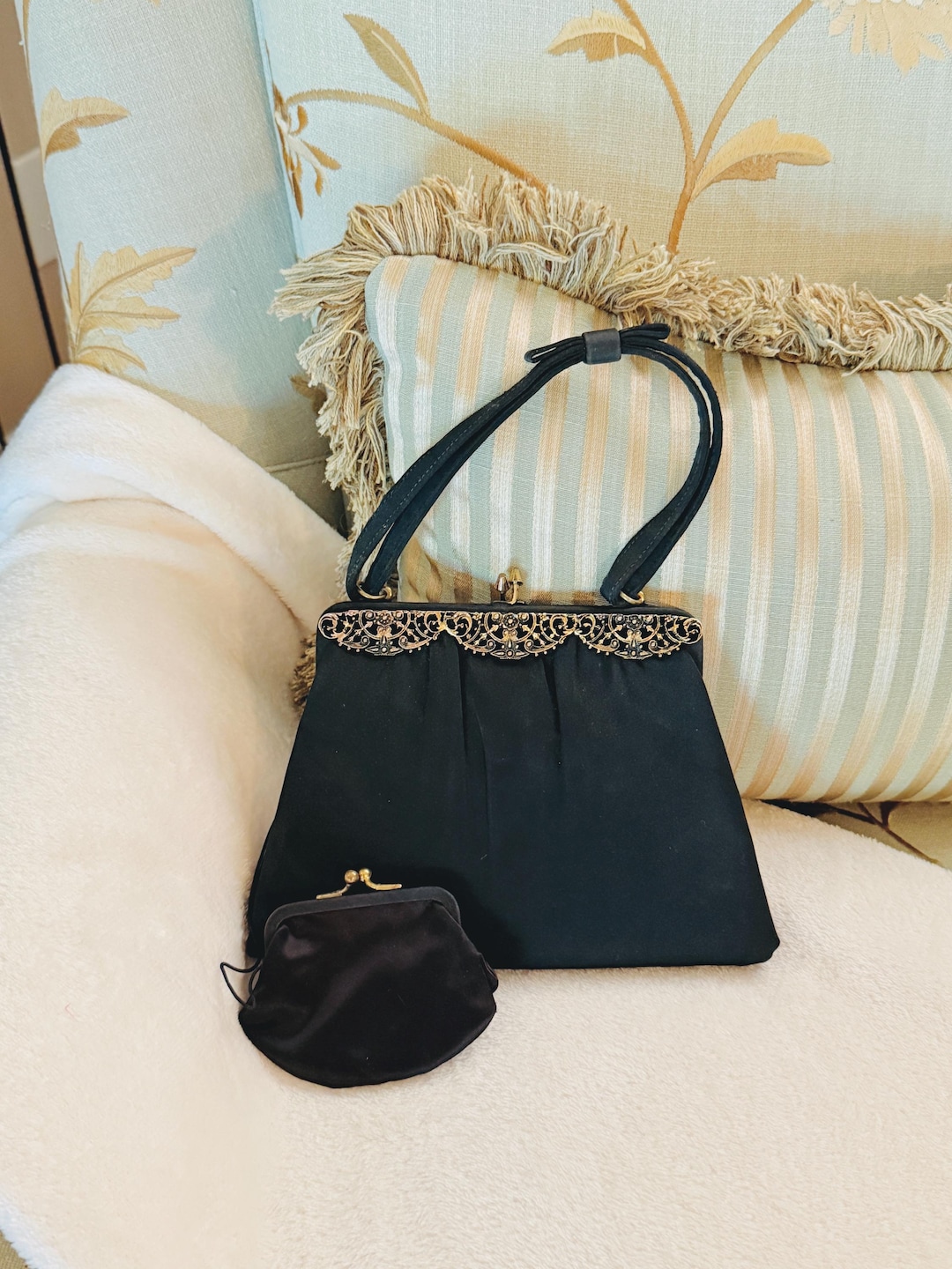 1950 Vintage After Five Satin Black ,evening Purse With Coin Holder. - Etsy