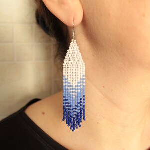 Long White Blue Beaded Fringe Earrings Royal Blue Earrings - Etsy