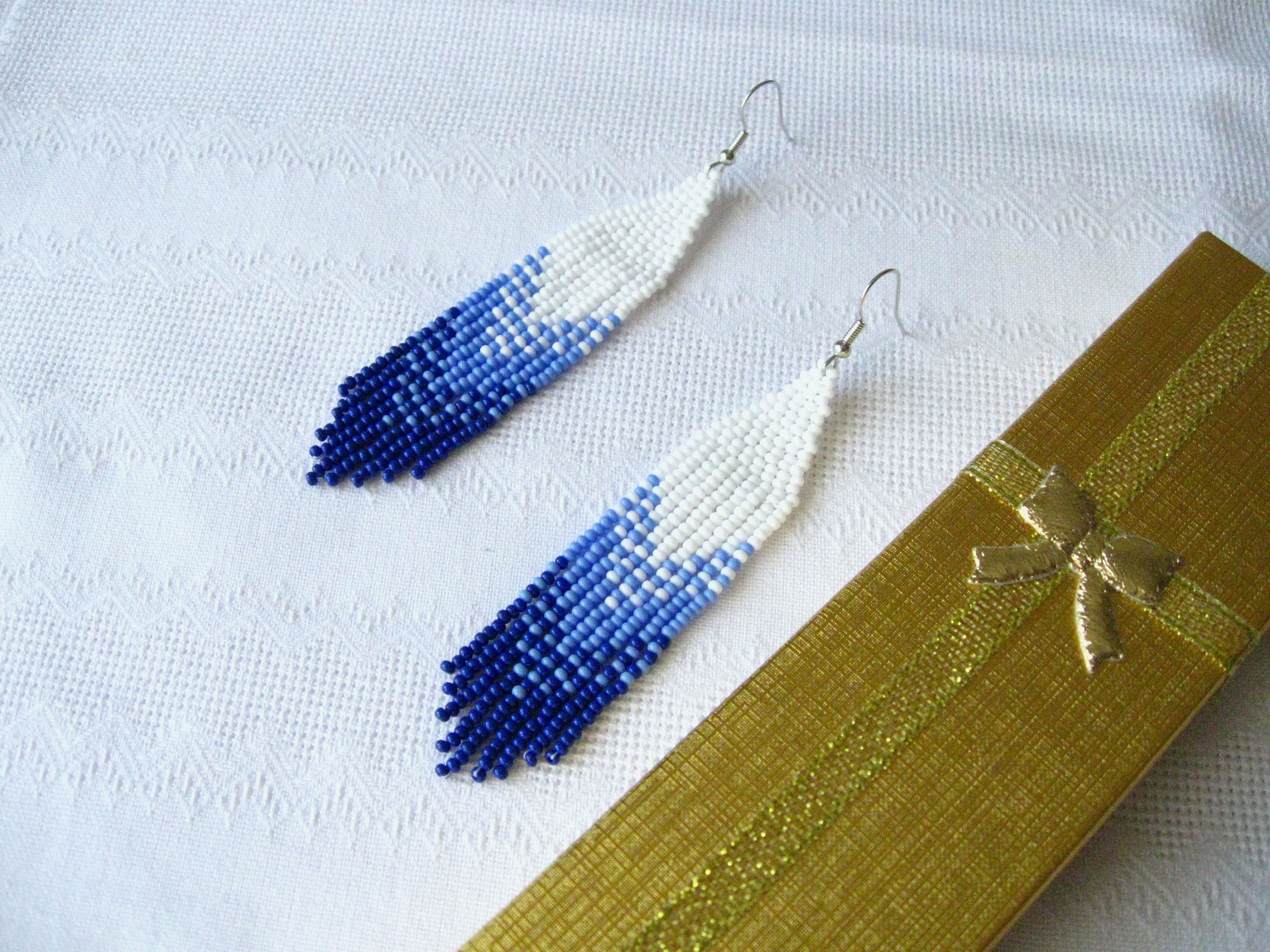 Long White Blue Beaded Fringe Earrings Royal Blue Earrings - Etsy