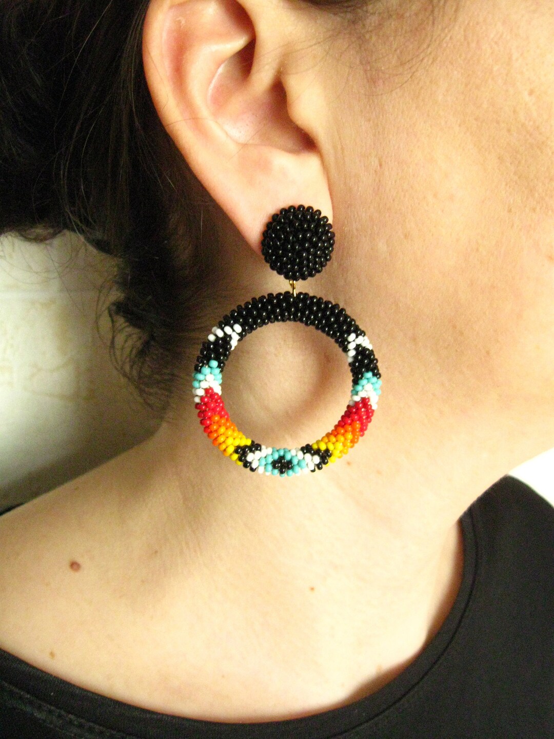 Native American Black Hoop Earrings Studs, Clips, Beaded Big Hoops ...
