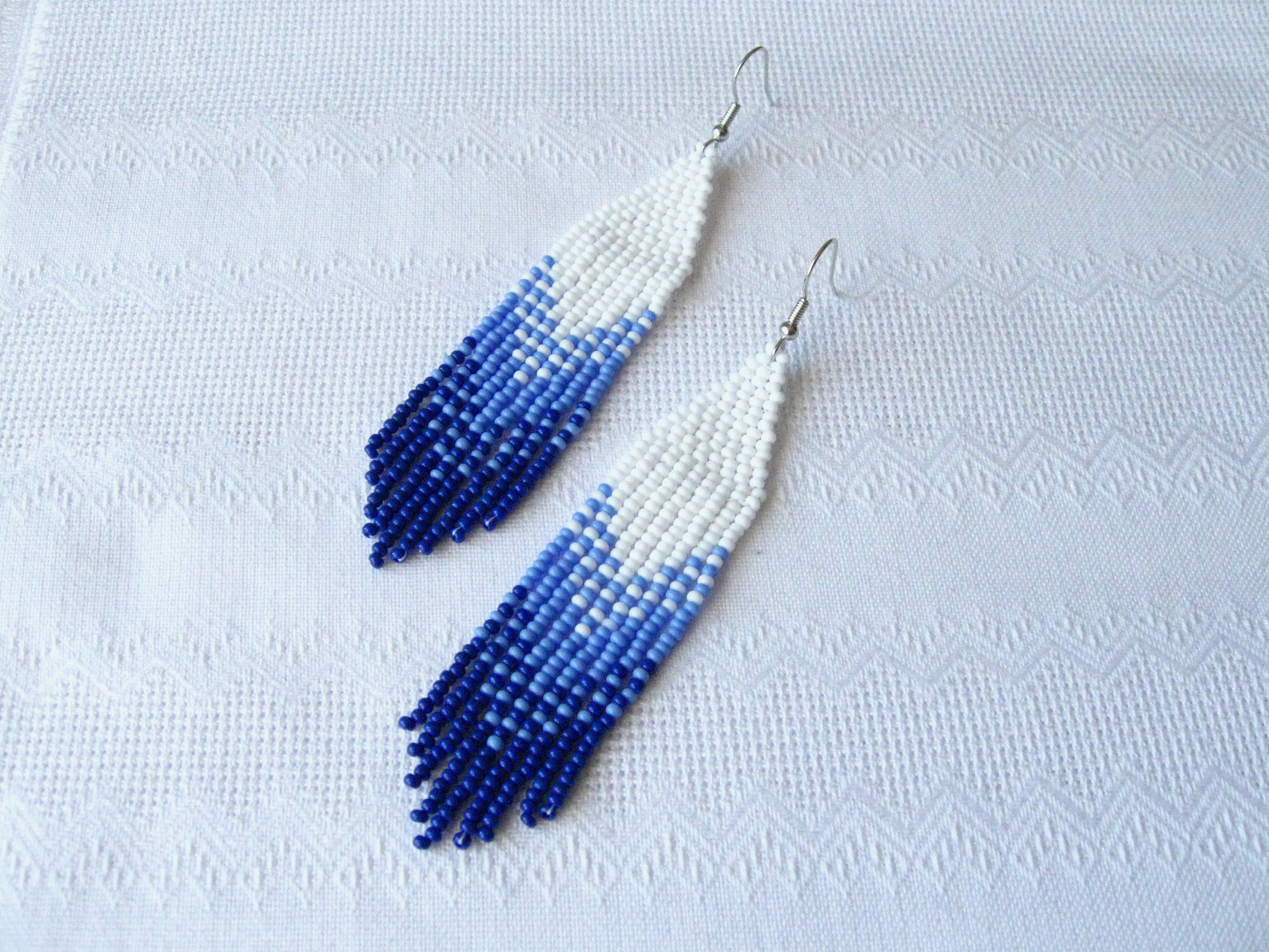 Long White Blue Beaded Fringe Earrings Royal Blue Earrings - Etsy