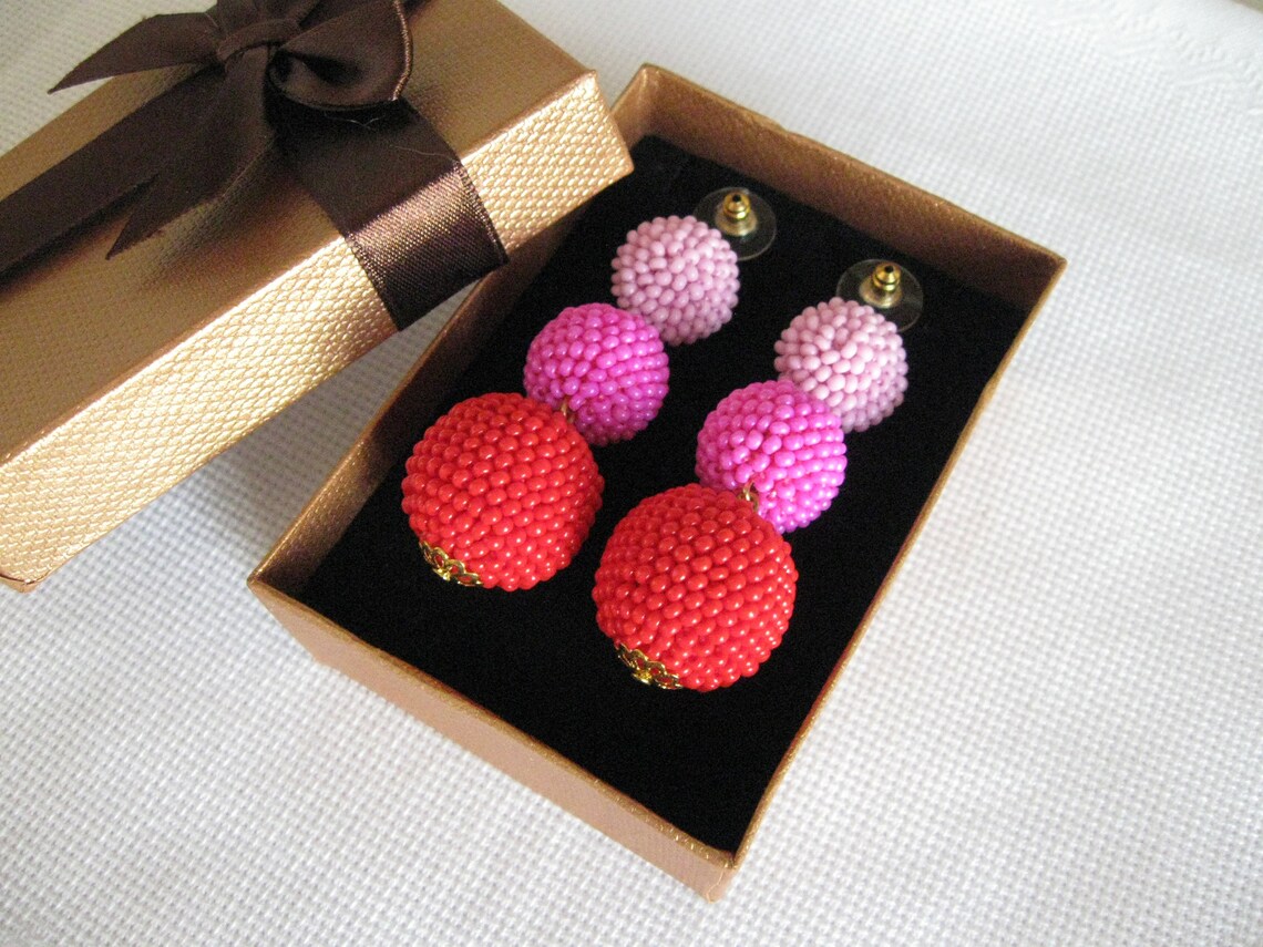 Red Bon Bon Earrings Beaded Balls Red Shades Earrings Red | Etsy