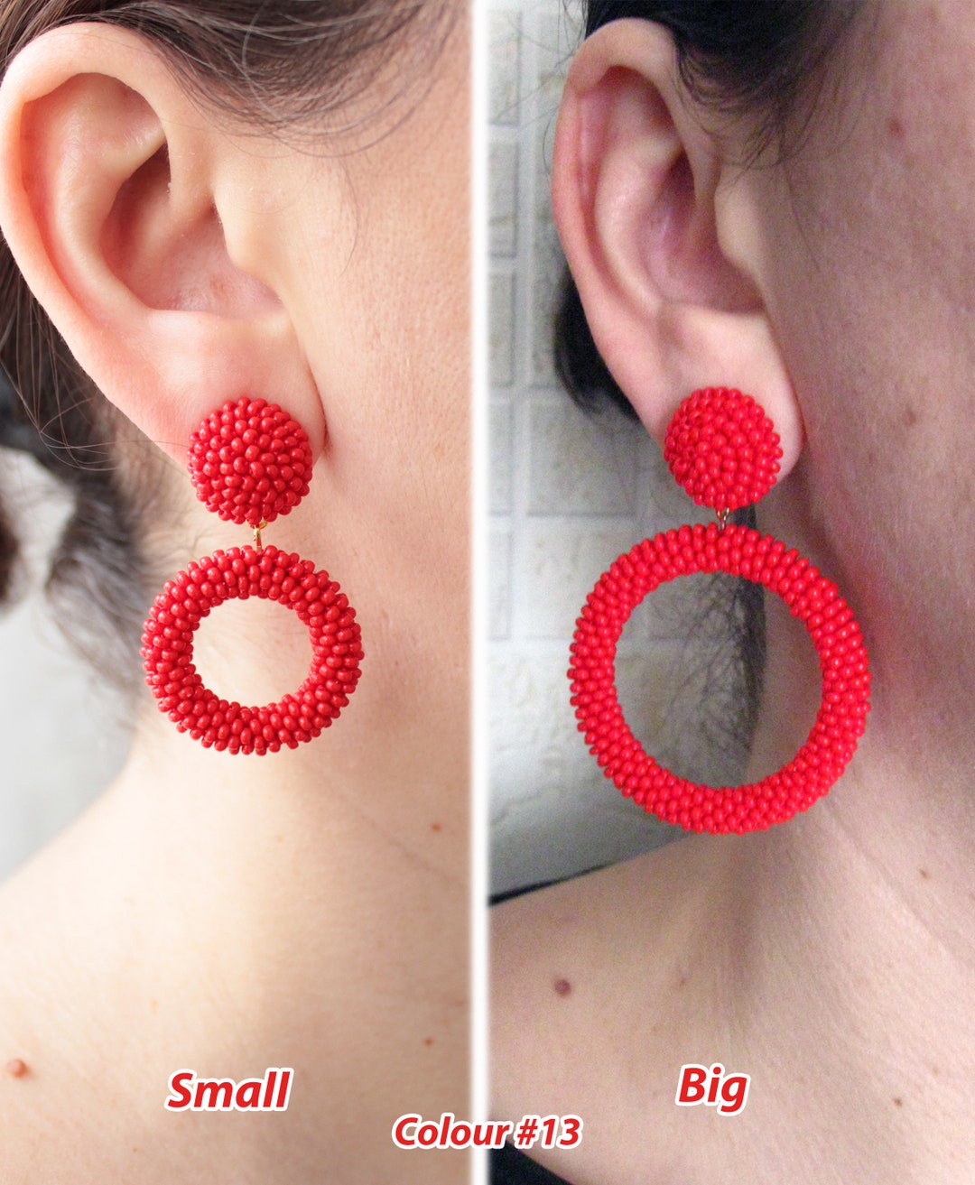 Red Big Hoop Earrings on Studs, Clips, Small Red Hoop Earrings, Beaded ...