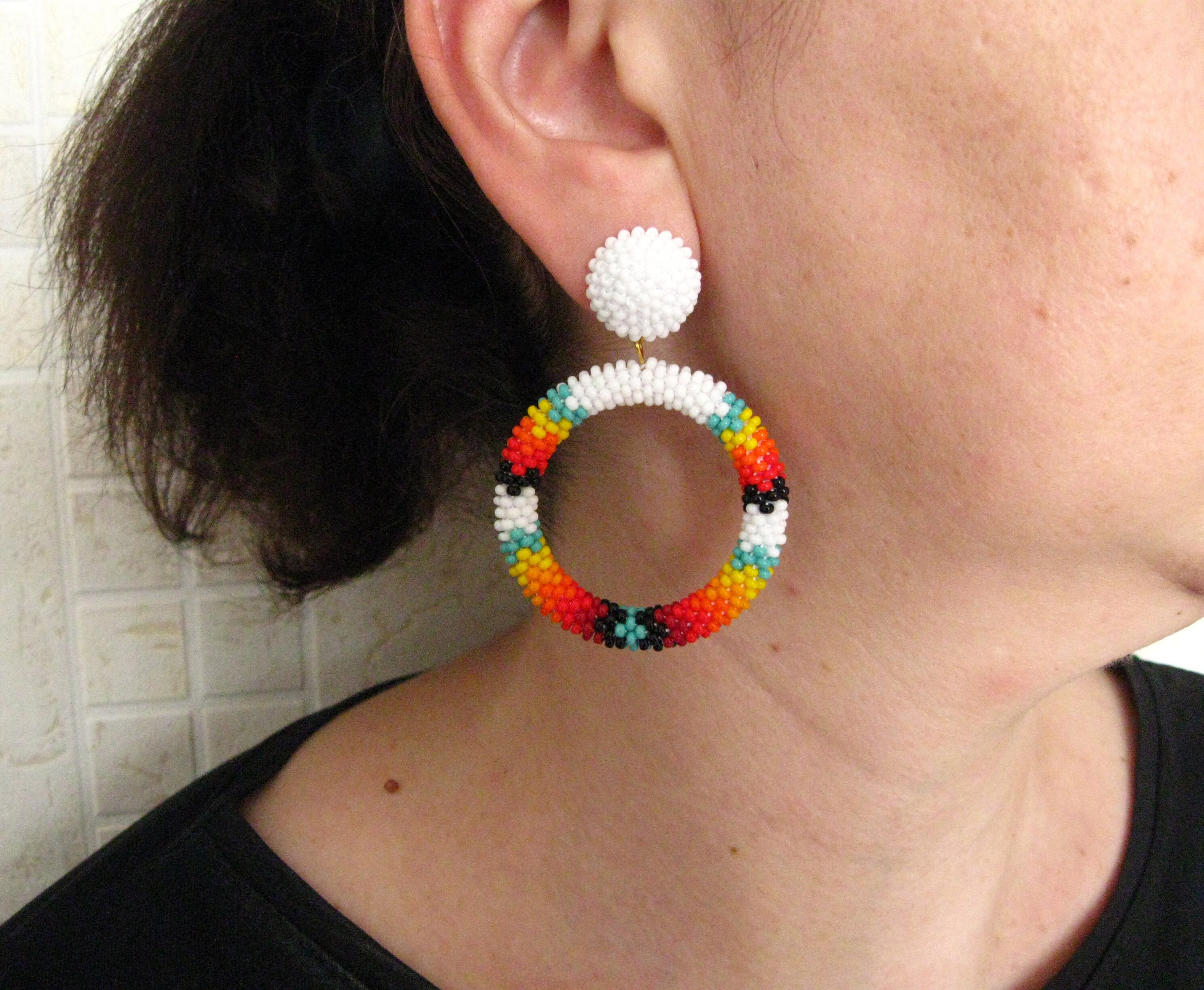 Native American White Hoop Earrings Studs, Clips, Beaded Big Hoops ...