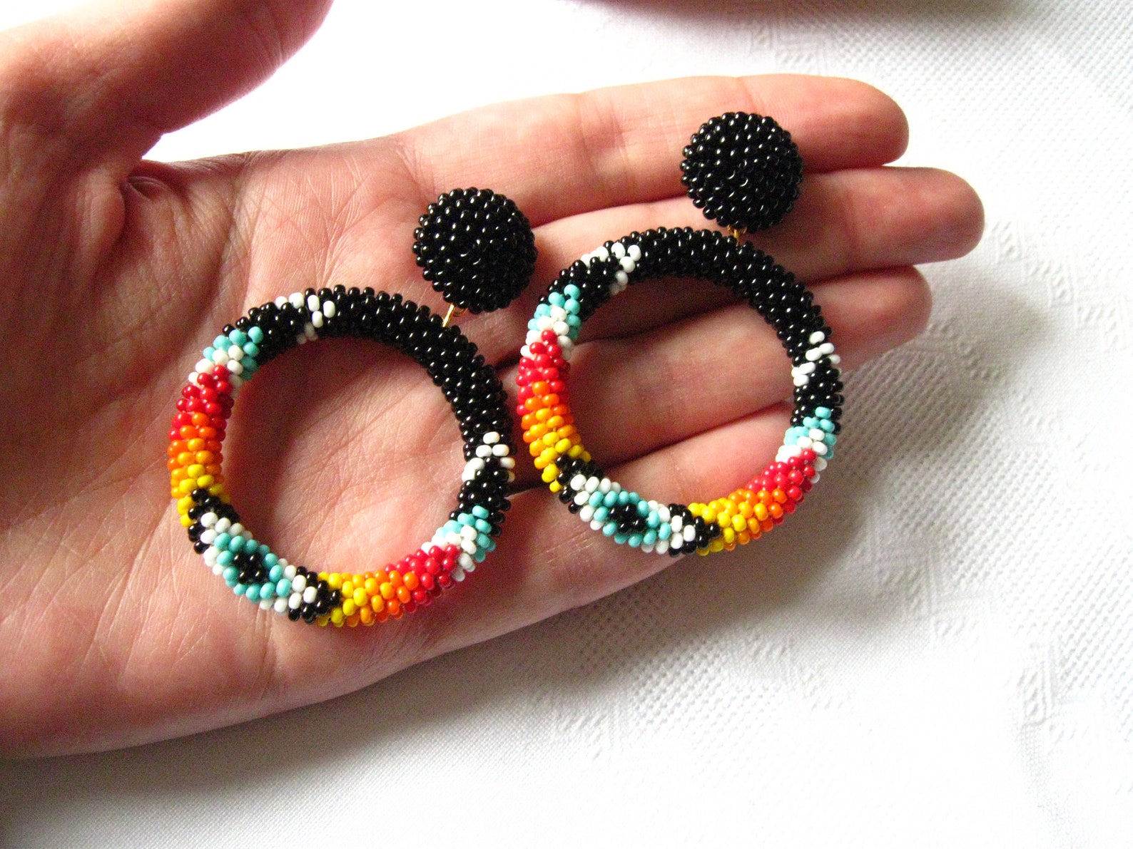 Native American Black Hoop Earrings Studs Clips Beaded Big | Etsy