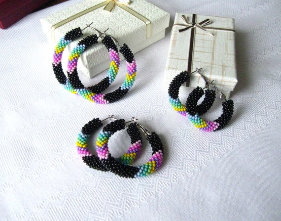 Beaded Native American Style Hoop Earrings Big Hoops Peyote - Etsy