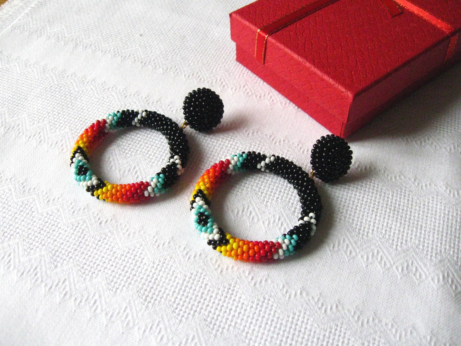 Native American Black Hoop Earrings Studs Clips Beaded Big | Etsy