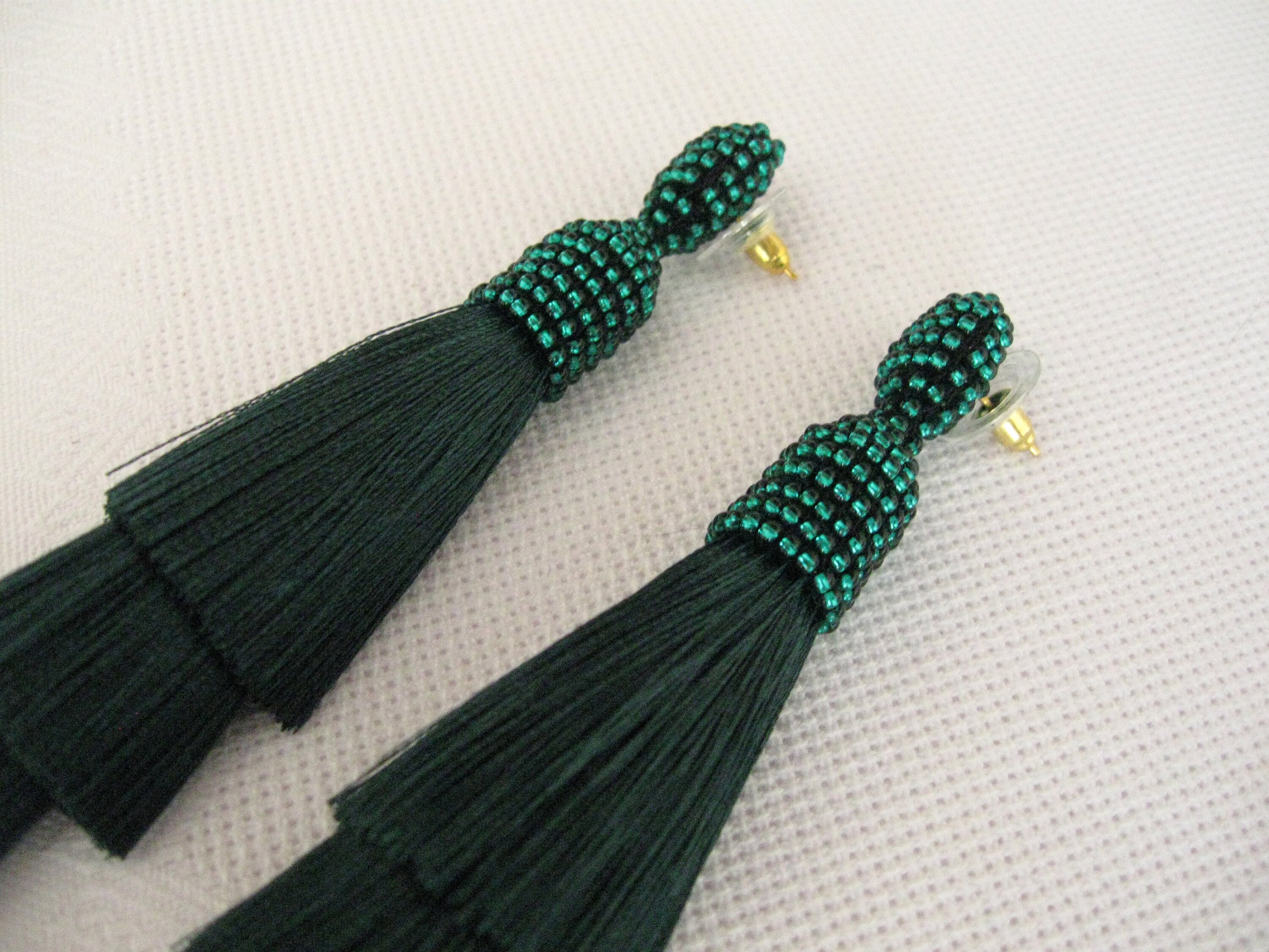 Tiered Silk Beaded Emerald Tassel Earrings Studs/clips, Tier Silk ...