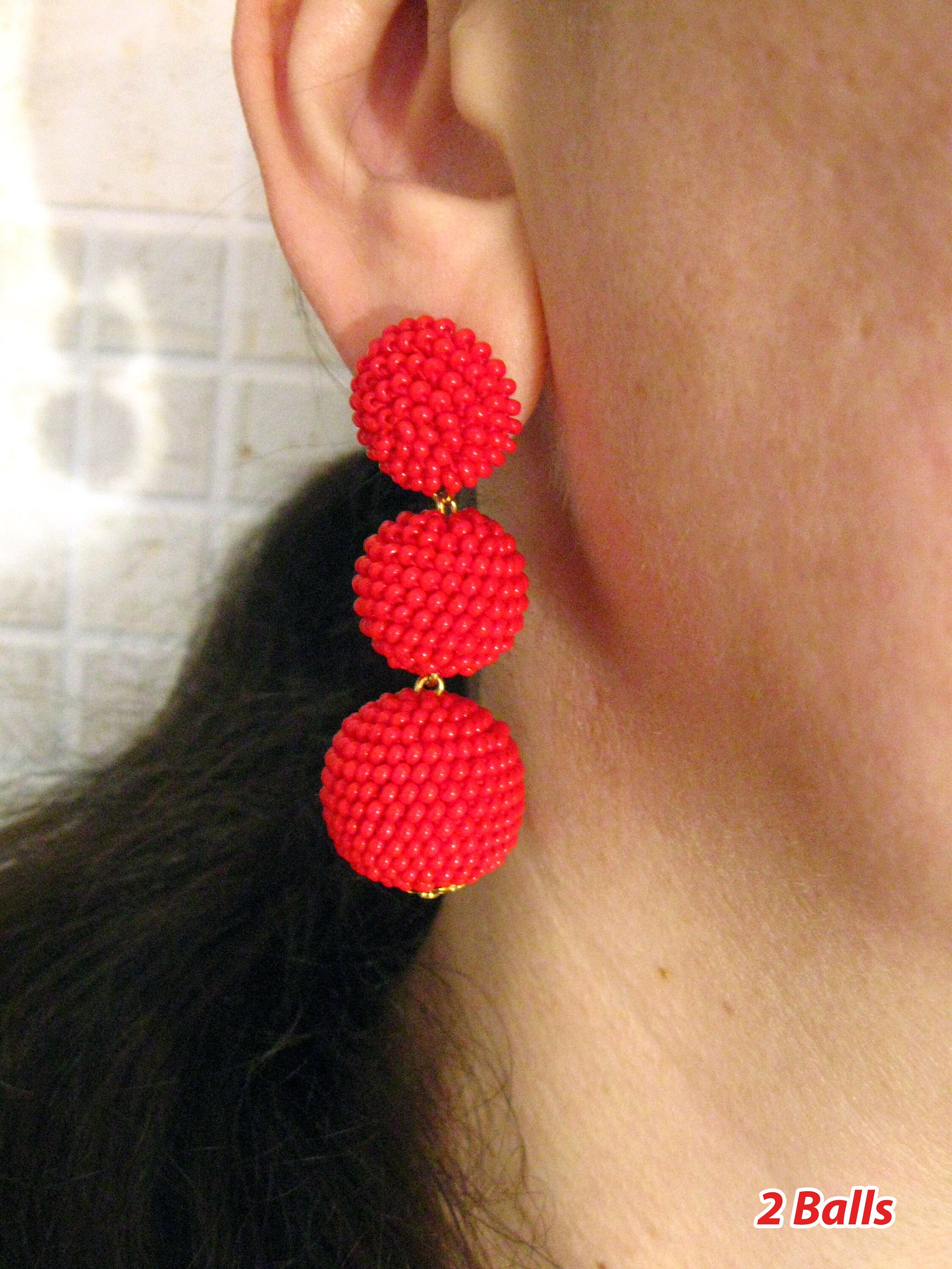 Red Bon Bon Earrings Clips Studs Beaded Balls Red Earrings | Etsy