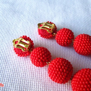 Red Bon Bon Earrings Clips Studs Beaded Balls Red Earrings | Etsy