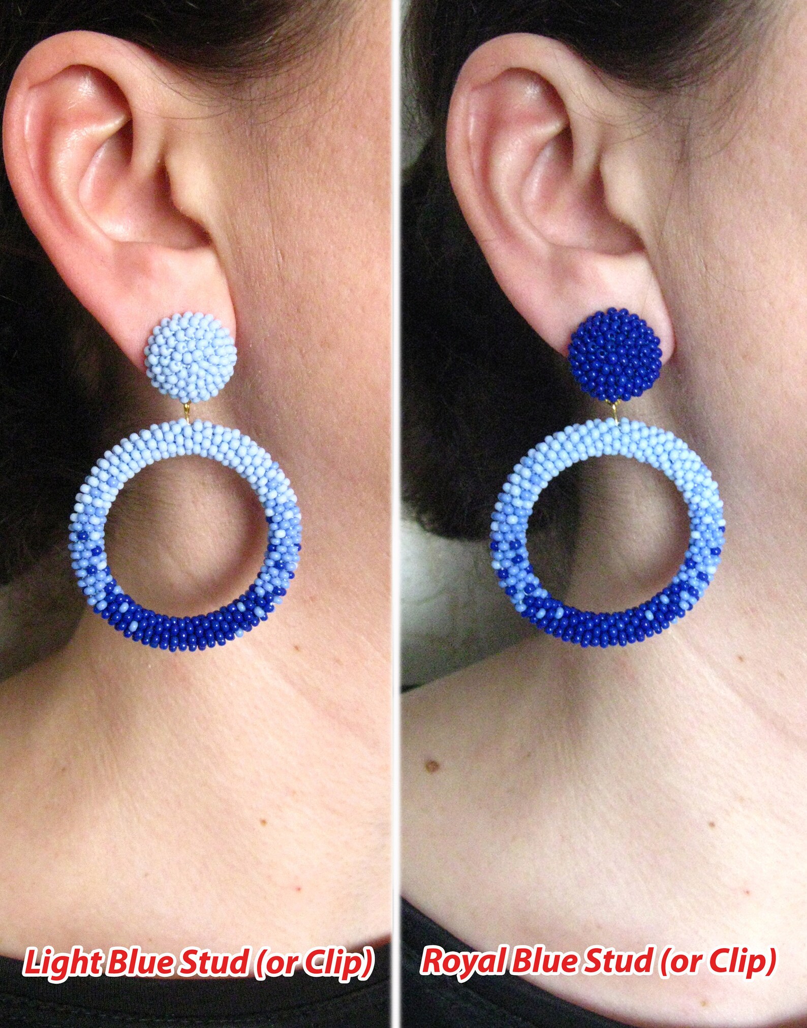 Light Blue Royal Blue Hoop Earrings Studs Clips Beaded Big | Etsy