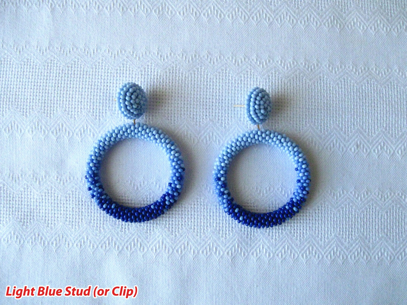 Light Blue Royal Blue Hoop Earrings Studs Clips Beaded Big | Etsy