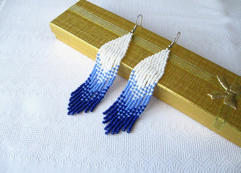 Long White Blue Beaded Fringe Earrings Royal Blue Earrings - Etsy