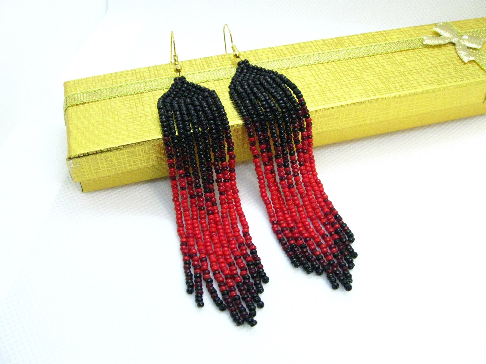 Long Black Red Beaded Fringe Earrings Red Black Earrings - Etsy