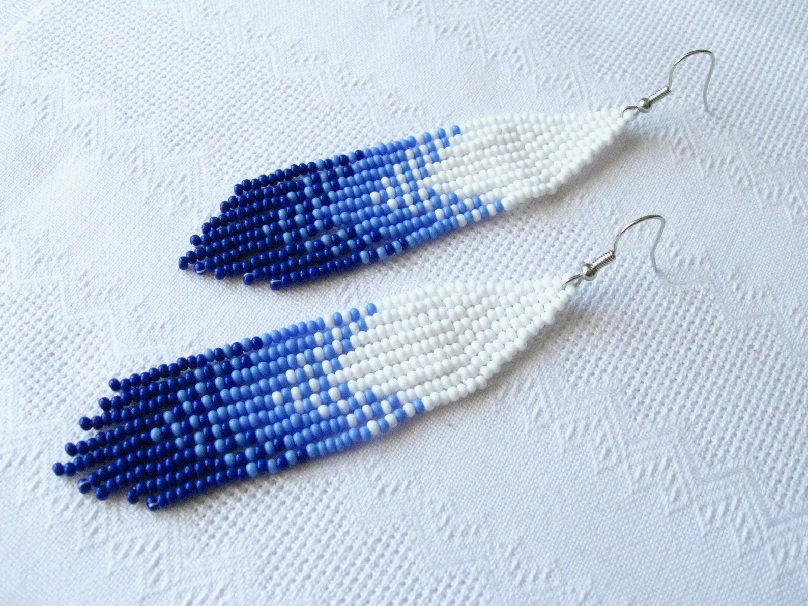 Long White Blue Beaded Fringe Earrings Royal Blue Earrings - Etsy