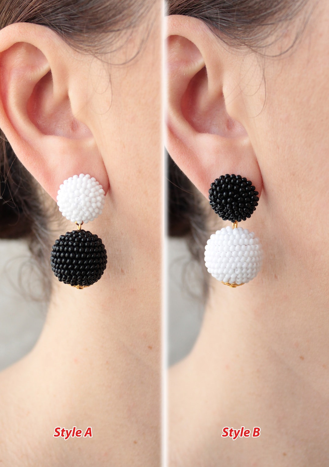 Black and White Bon Bon Earrings Clips/studs, Beaded Balls White Black Earrings, Black White ...