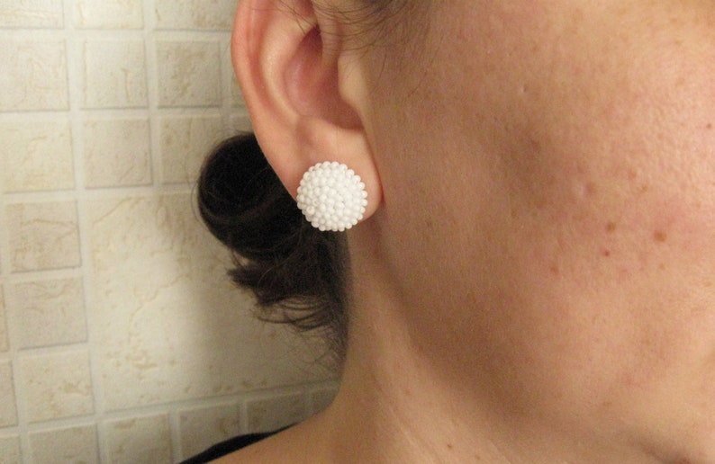 Beaded White Pin Earrings White Stud Earrings White Round | Etsy