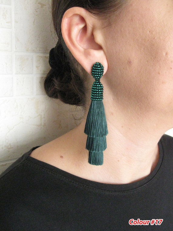 Dark green tassel earrings store