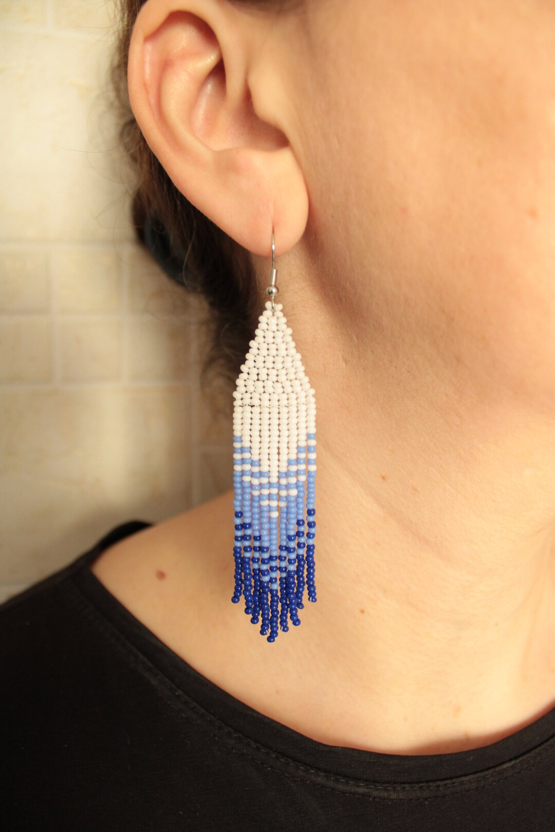 Long White Blue Beaded Fringe Earrings Royal Blue Earrings - Etsy