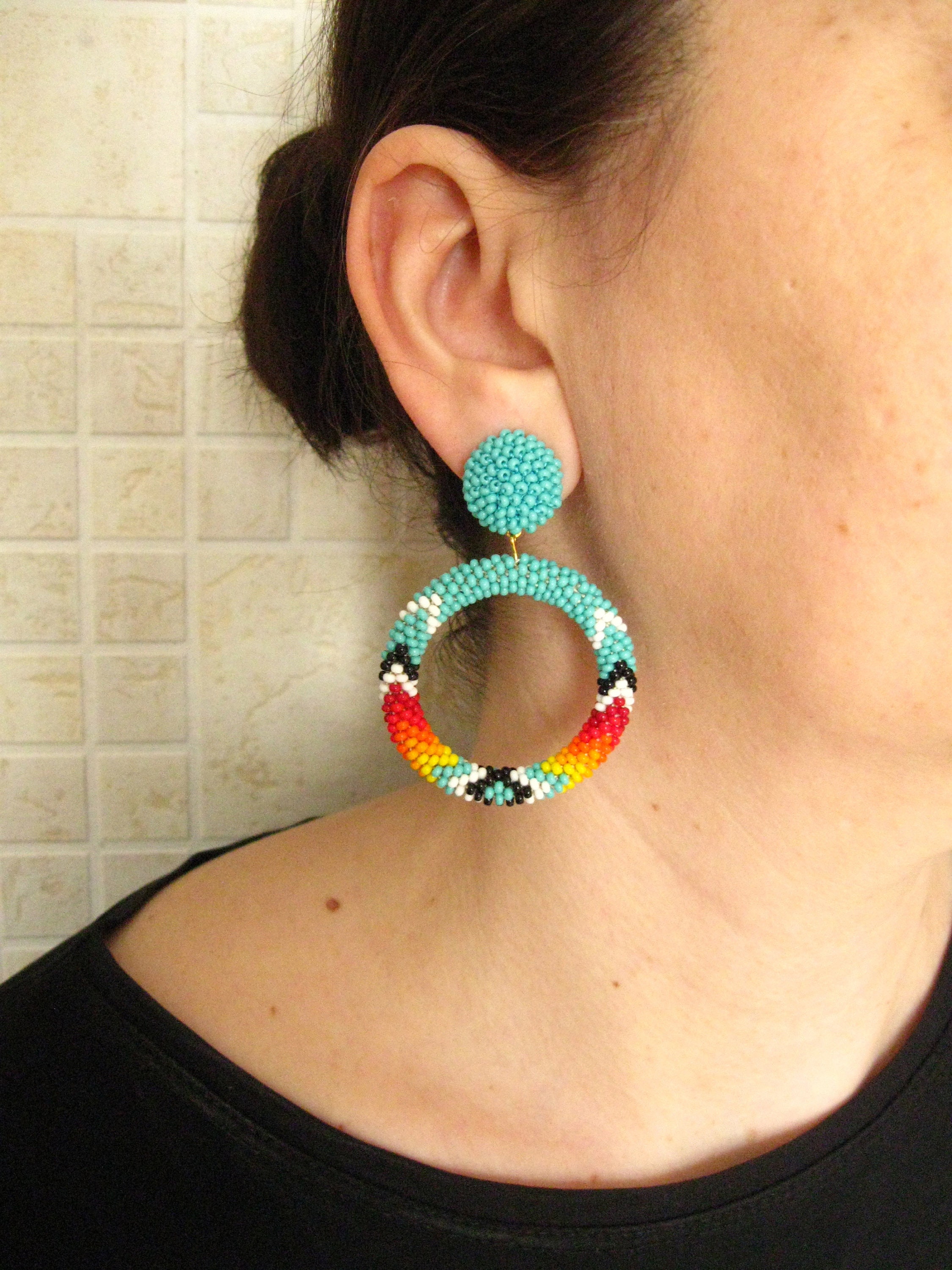 Native American Turquoise Hoop Earrings Studs Clips Beaded - Etsy
