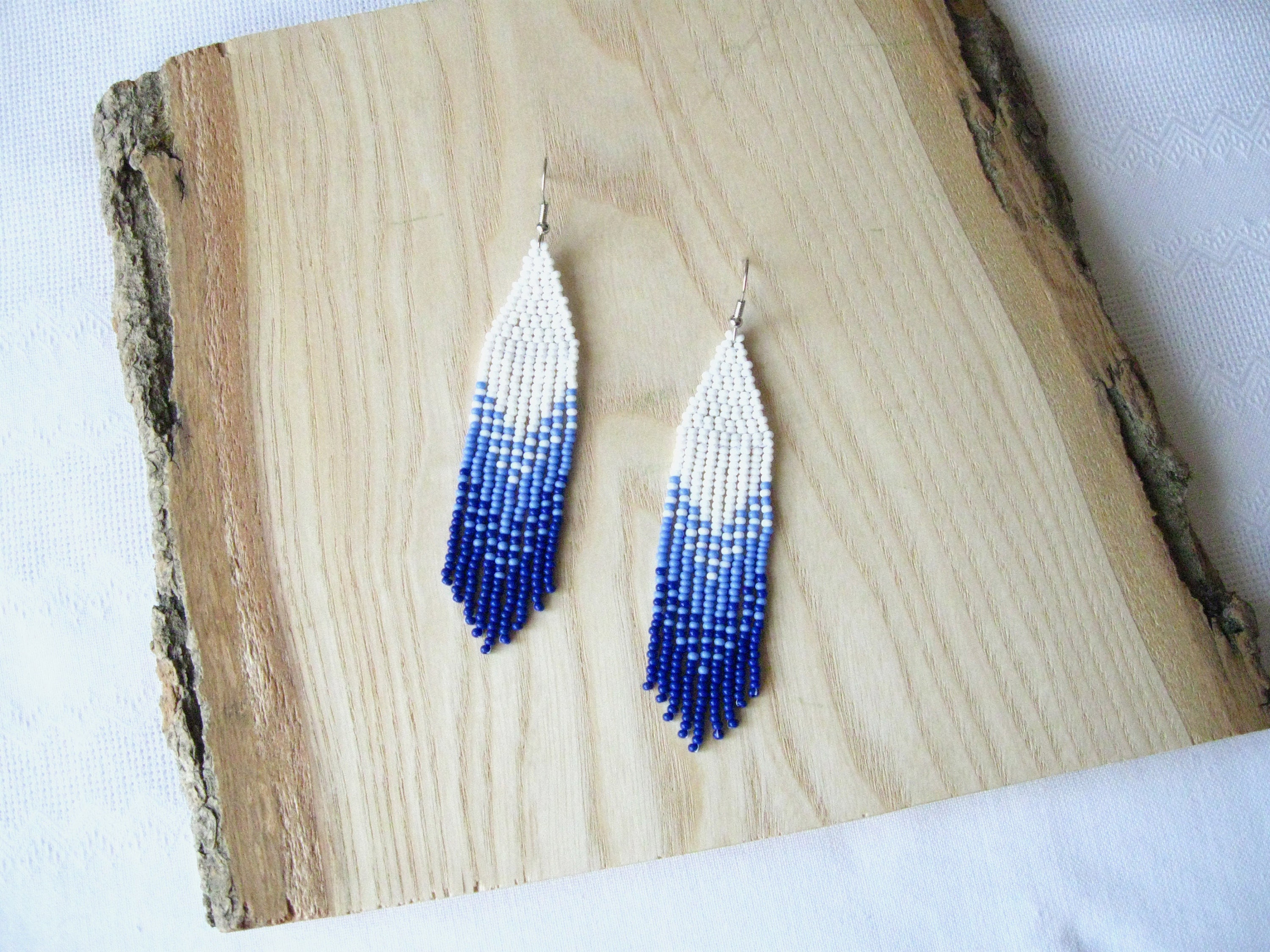 Long White Blue Beaded Fringe Earrings Royal Blue Earrings - Etsy
