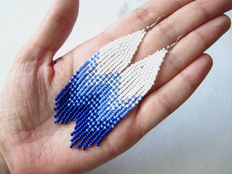 Long White Blue Beaded Fringe Earrings Royal Blue Earrings - Etsy