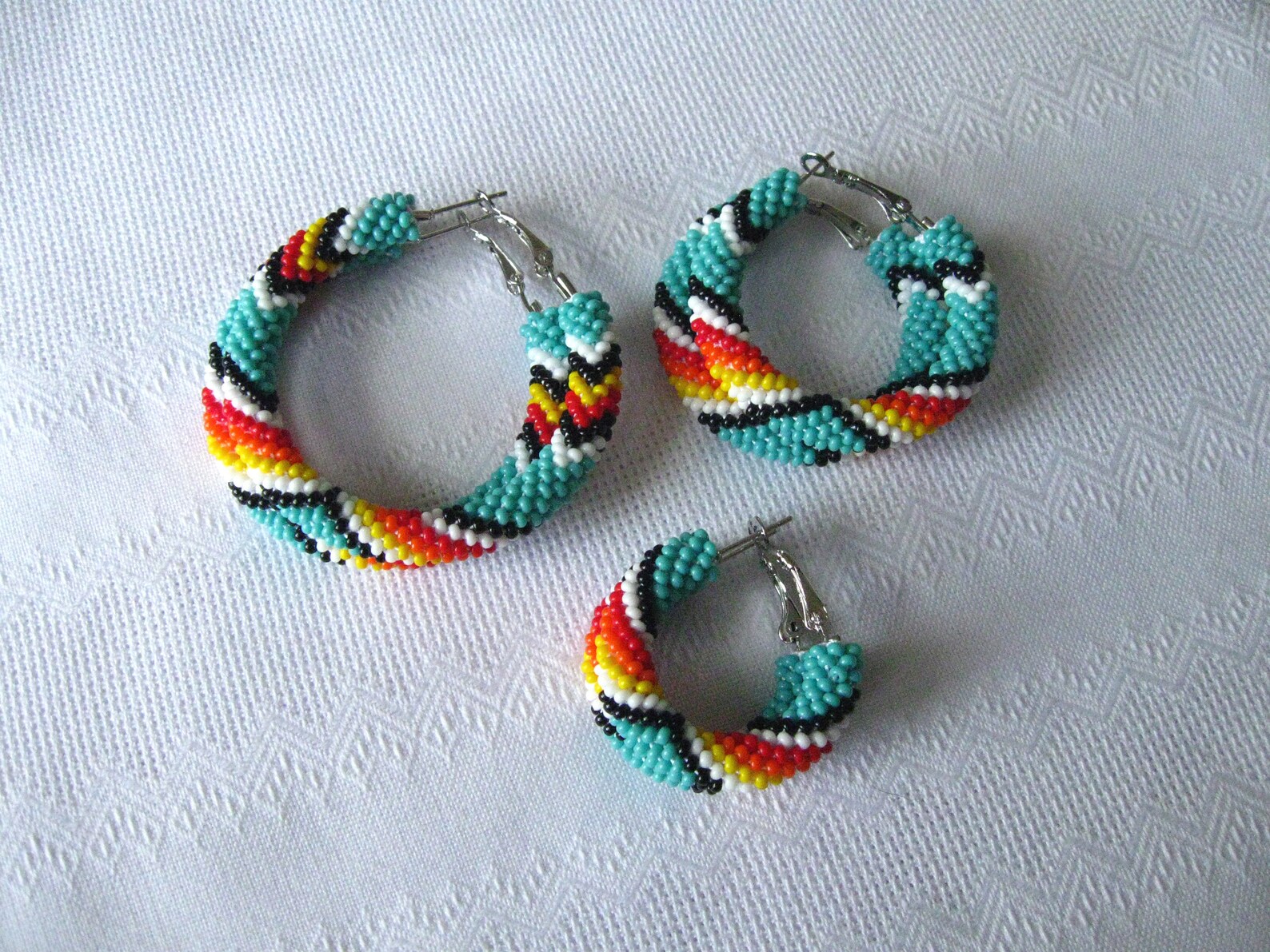 Beaded Turquoise Native American Style Hoop Earrings, Big Hoops, Peyote ...