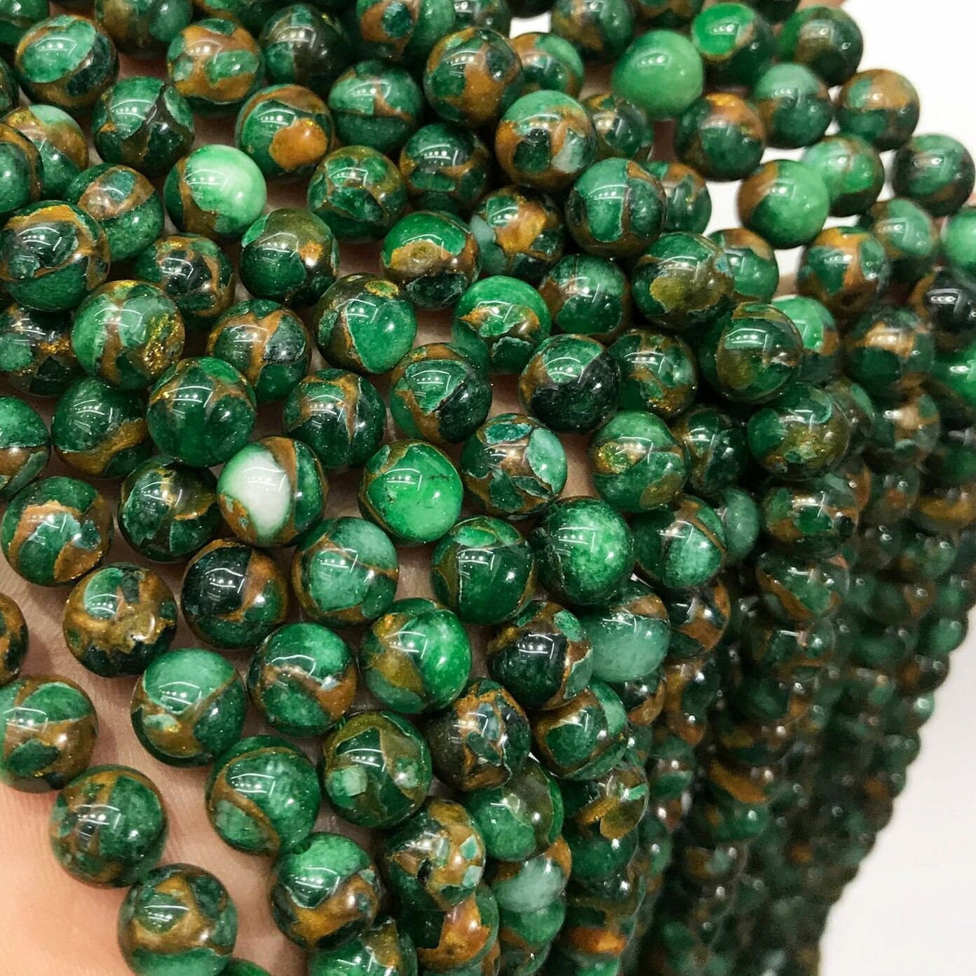 15 Inches Full Strand Green Mosaic Smooth Round Stone Beads | Etsy