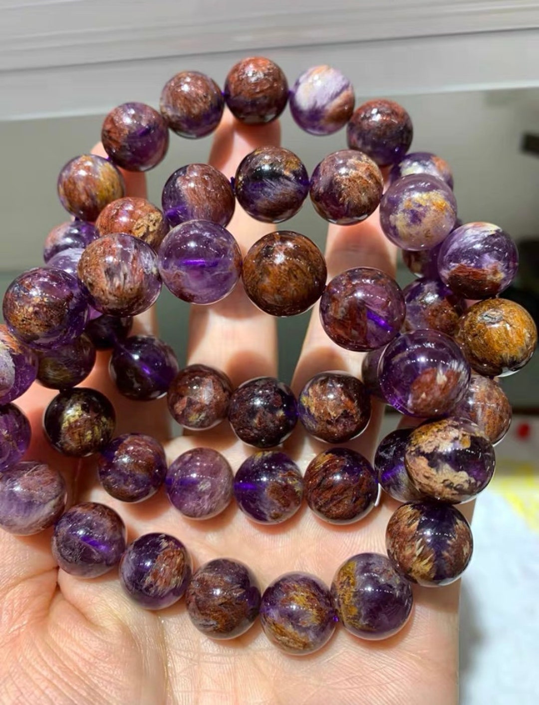 Natural Titanium Rutilated Amethyst Phantom Crystal Quartz Beaded ...