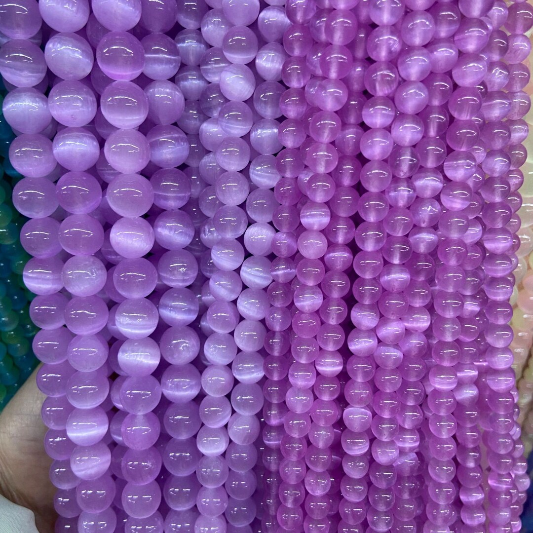 Purple Color Selenite Loose Cat's Eye Smooth Round Gemstone Beads 6mm ...
