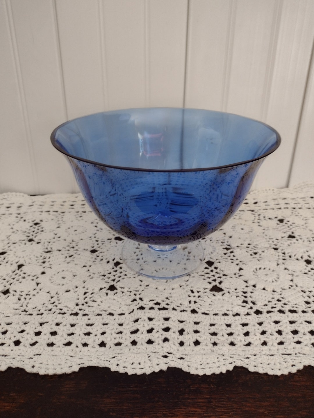 Round Blue Glass Bowl With Clear Glass Footed Base - Etsy